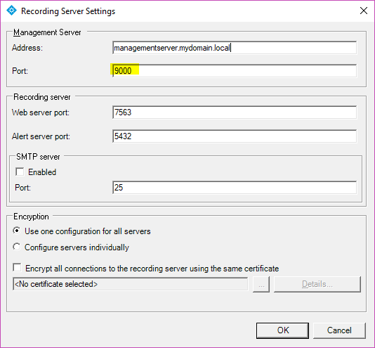 How to change port numbers 9000 and 9001 used by the Management Server and the Recording Server