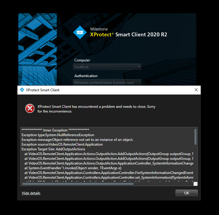 Error: 'XProtect Smart Client has encountered a problem and needs to close' (troubleshooting)